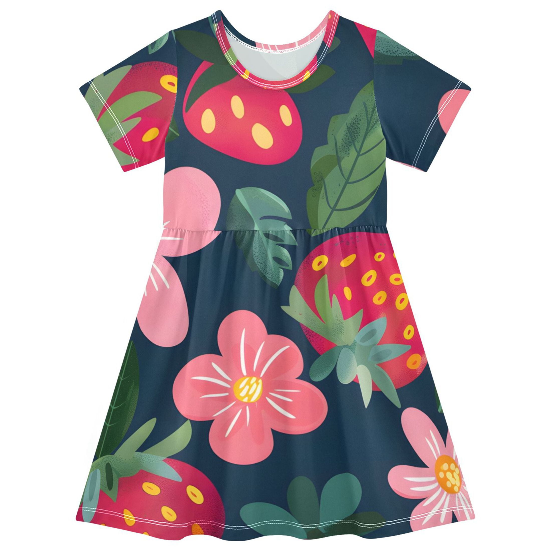 Cartoon Strawberries Flowers Leaves Girls' Short Sleeve Dress A-Line ...