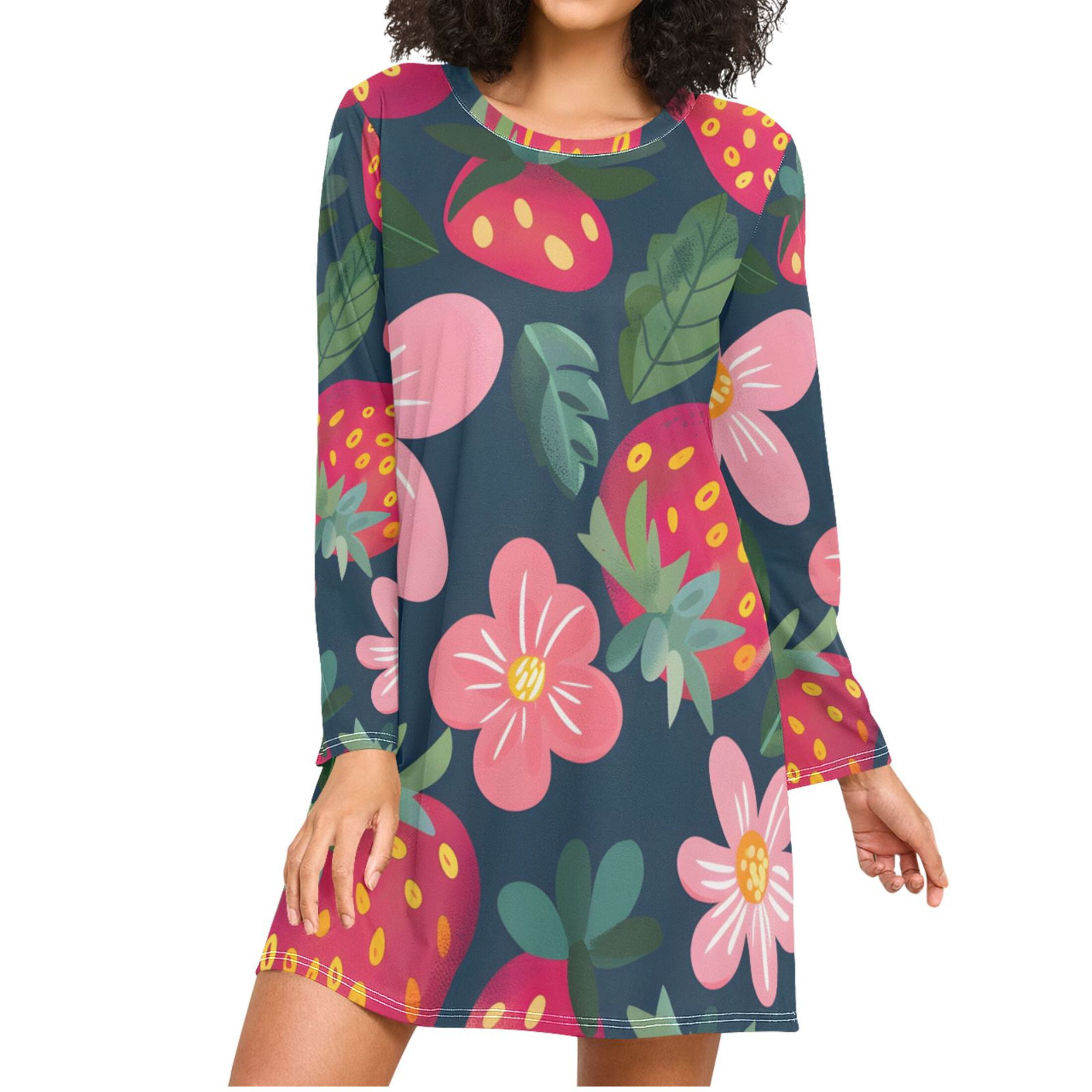 Cartoon Strawberries Flowers Leaves Women's Long Sleeves Nightgowns ...