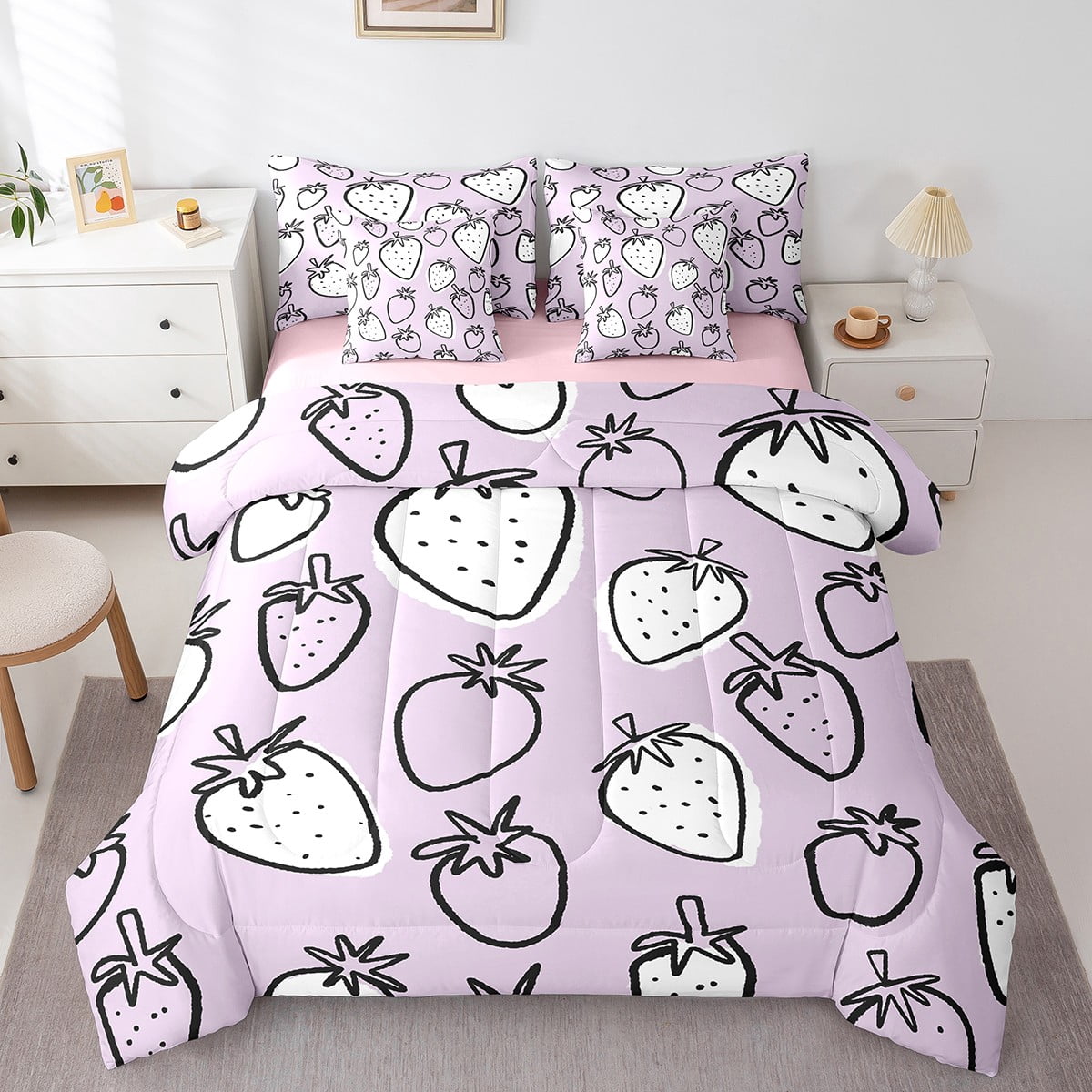Cartoon Strawberry 7Pcs Comforter Set Full,Cute Sweet Fruits Bedding ...