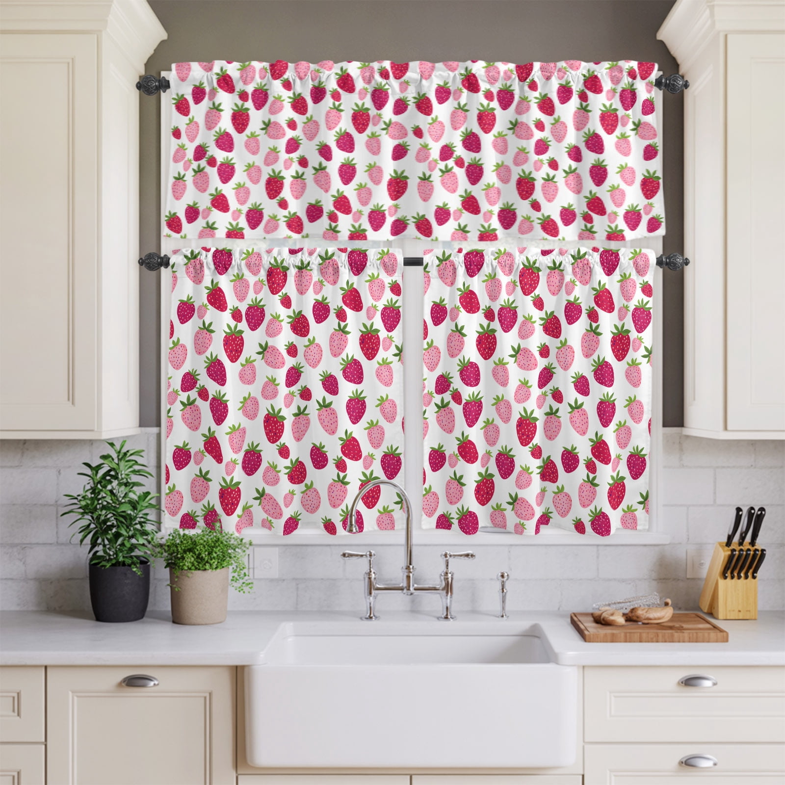 Cartoon Strawberry Ombre Pink Curtain Tier and Valance Set 3 Piece ...