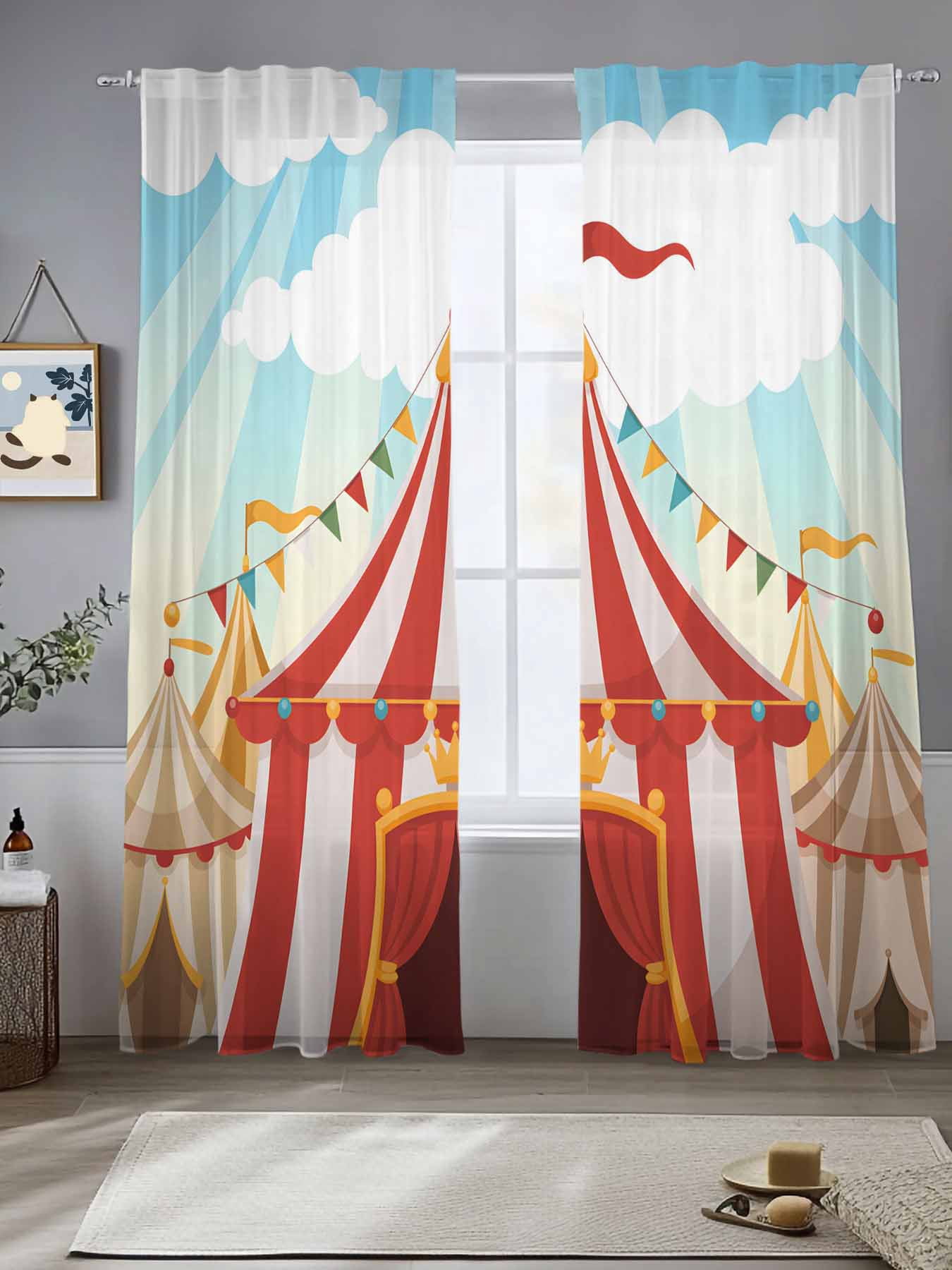 Cartoon Stripe House Flag Chiffon Sheer Curtains 84 Inches Long Blue ...
