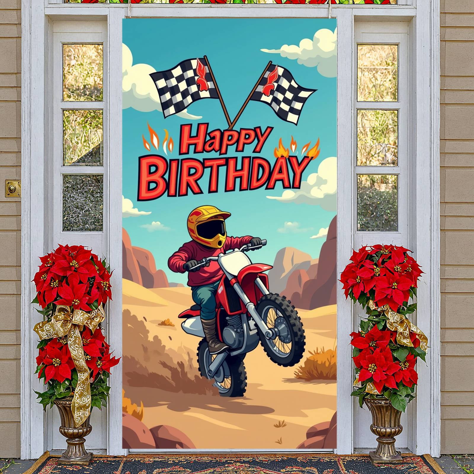 Cartoon Style Banner Flame Design Motocross Birthday Backdrop Checkered ...