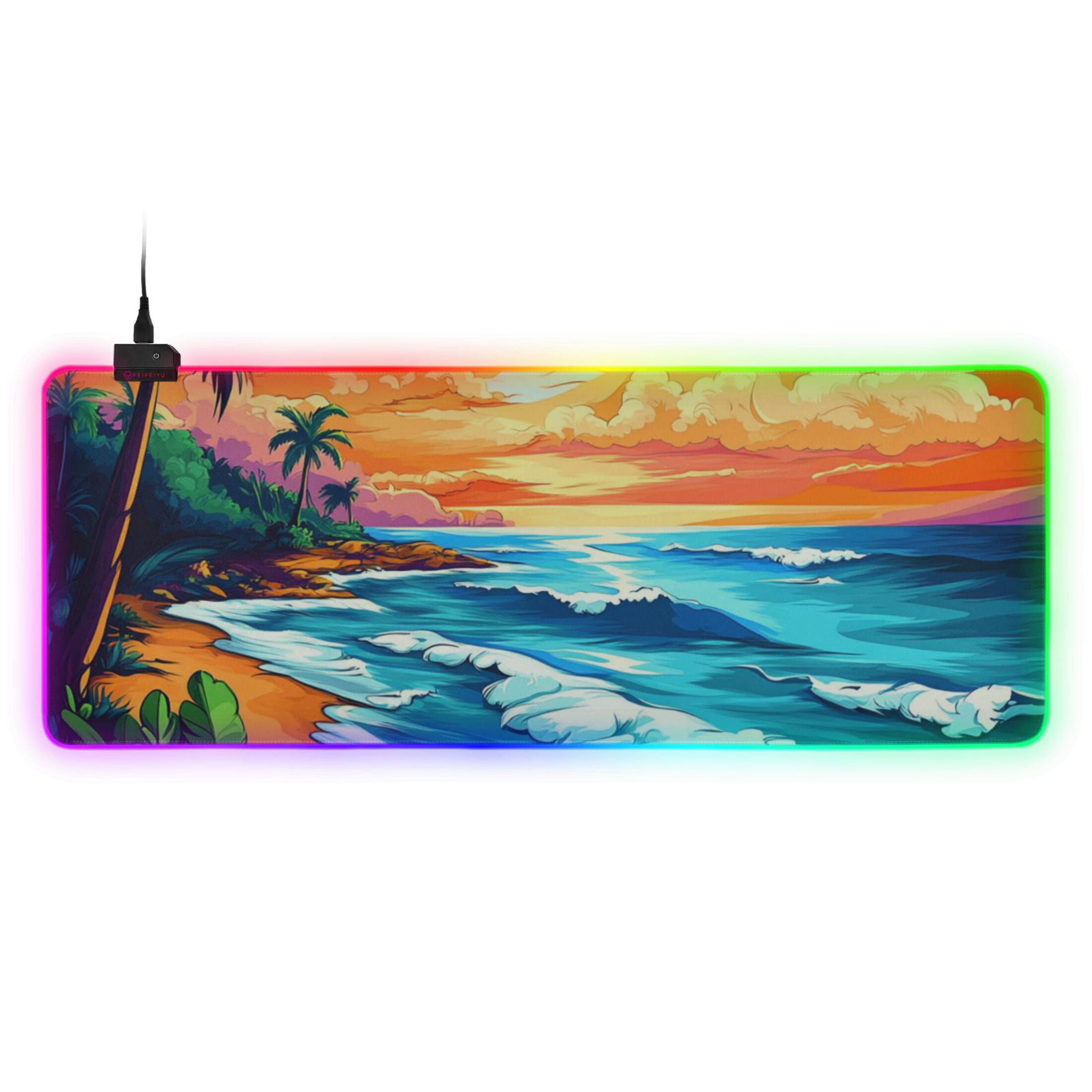Cartoon Style Beach RGB Gaming Mouse Pad Large Keyboard Mat Rubber Base ...
