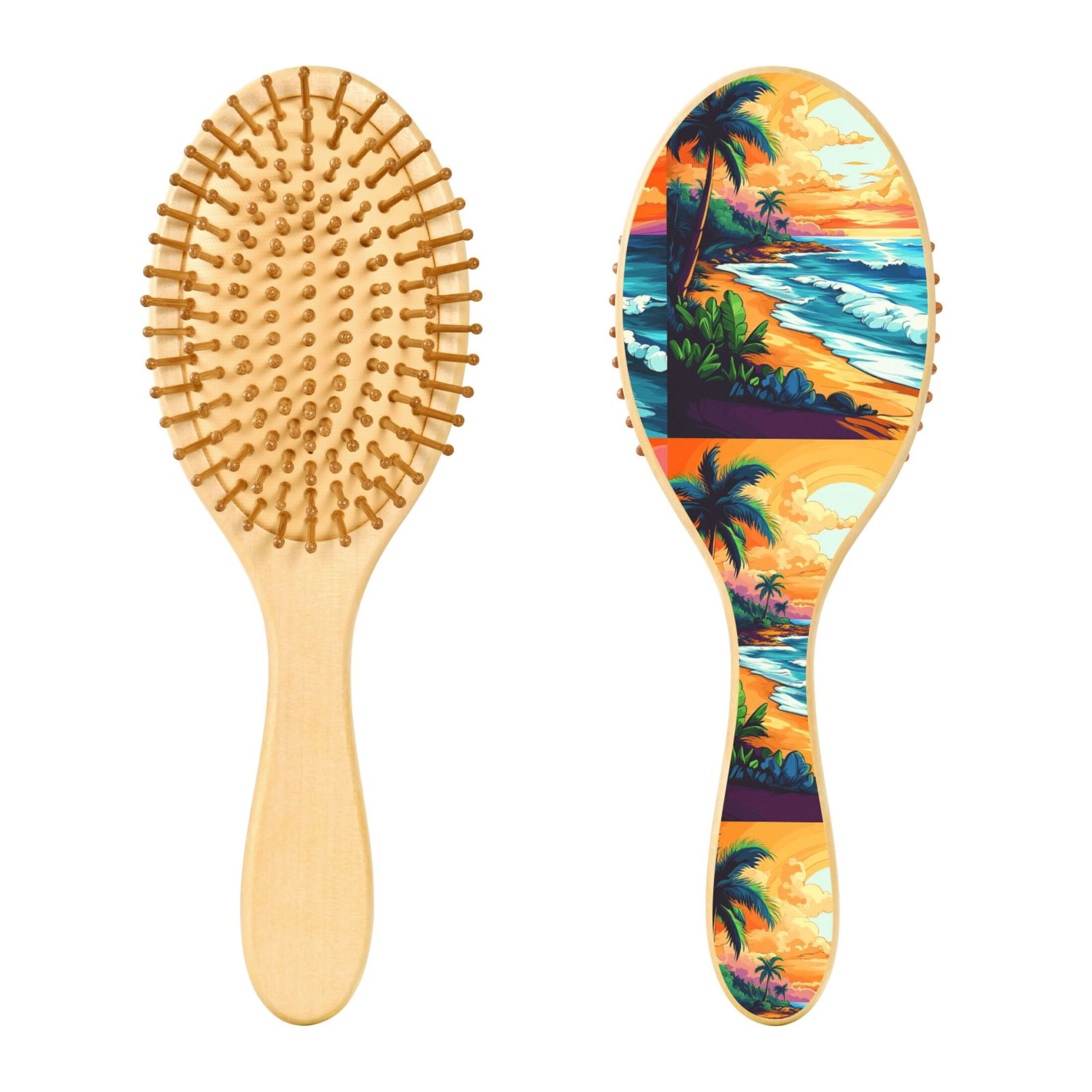 Cartoon Style Beach Wooden Hair Brush Natural Detangling Brush with ...