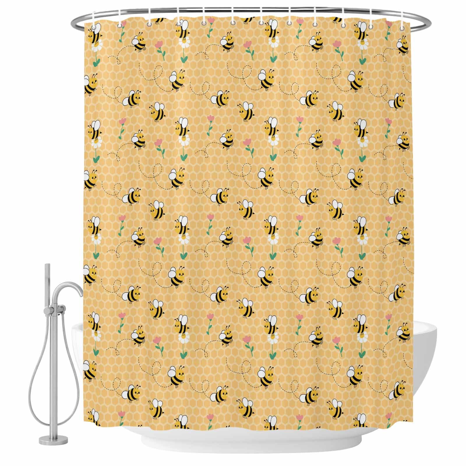 Cartoon Style Bees Bathroom Shower Curtains with Hooks, Yellow ...