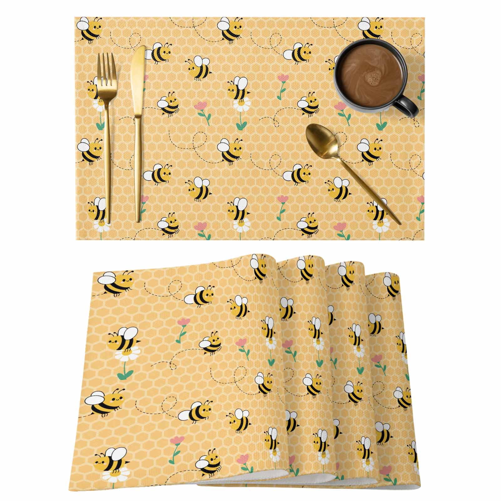 Cartoon Style Bees Cotton Linen Placemats Set of 6, Yellow Honeycomb ...