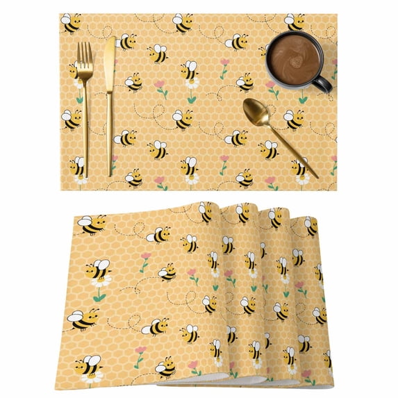Cartoon Style Bees Cotton Linen Placemats Set of 6, Yellow Honeycomb ...