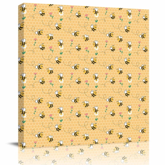 Cartoon Style Bees Framed Canvas Wall Art, Yellow Honeycomb Cute Animal ...