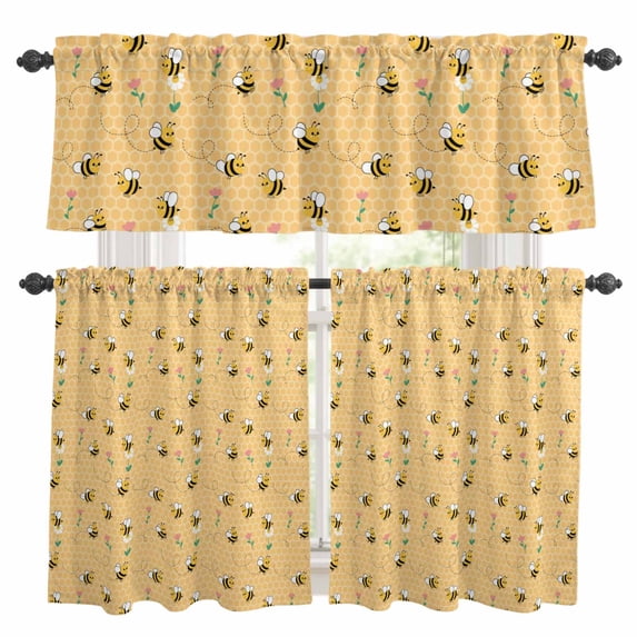 Cartoon Style Bees Kitchen Curtains Set for Windows, Yellow Honeycomb ...