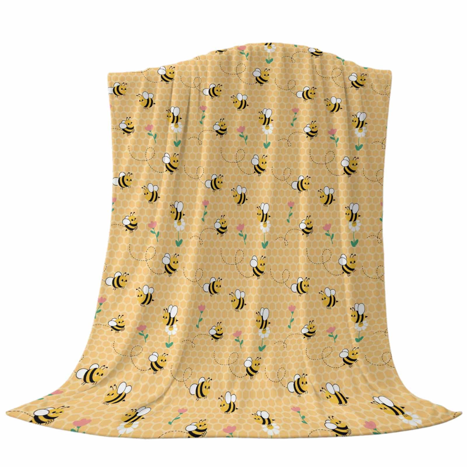 Cartoon Style Bees Throw Flannel Blanket Yellow Honeycomb Cute Animal ...