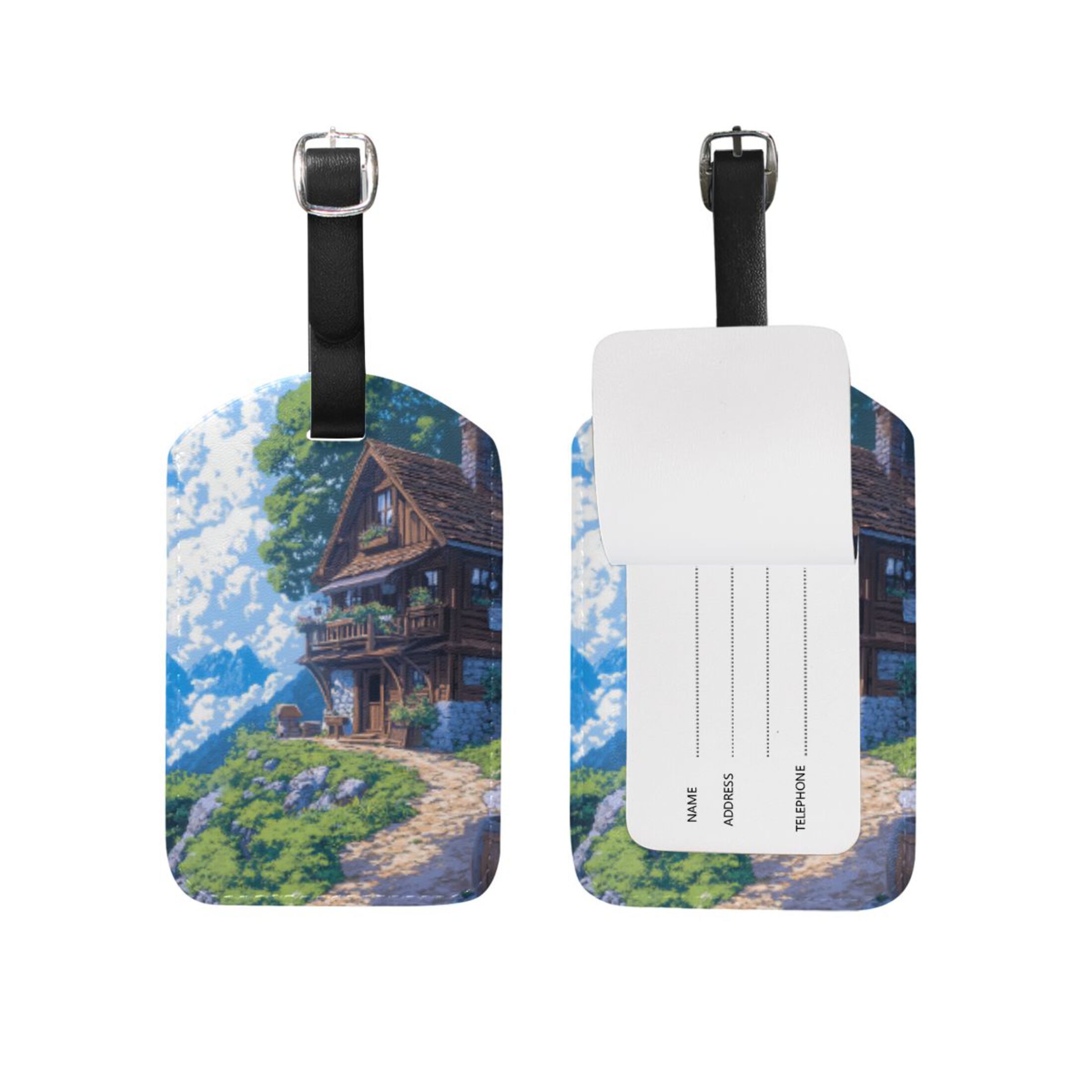 Cartoon Style Mountain Scenery Luggage Tags PU Leather Name ID Labels ...