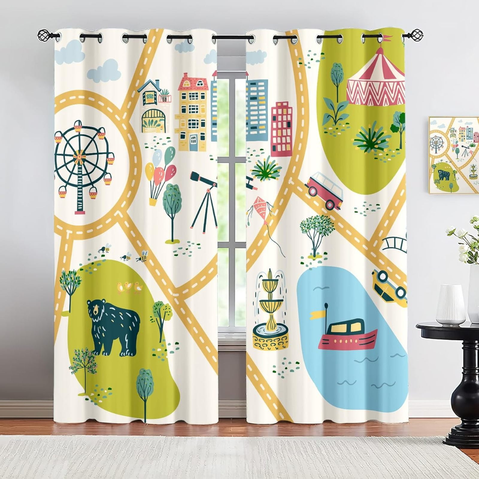 Cartoon-Style Playground And City Map Print Curtain, Kids Entertainment ...