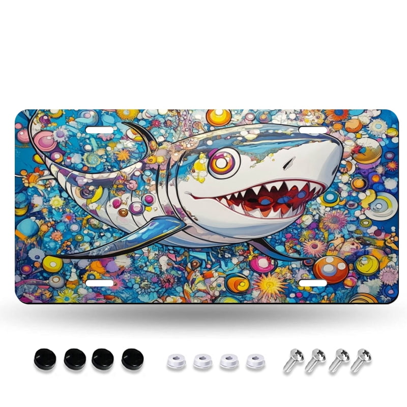 Cartoon - Style Shark with Wild Eyes in Floral Aquarium License Plate ...
