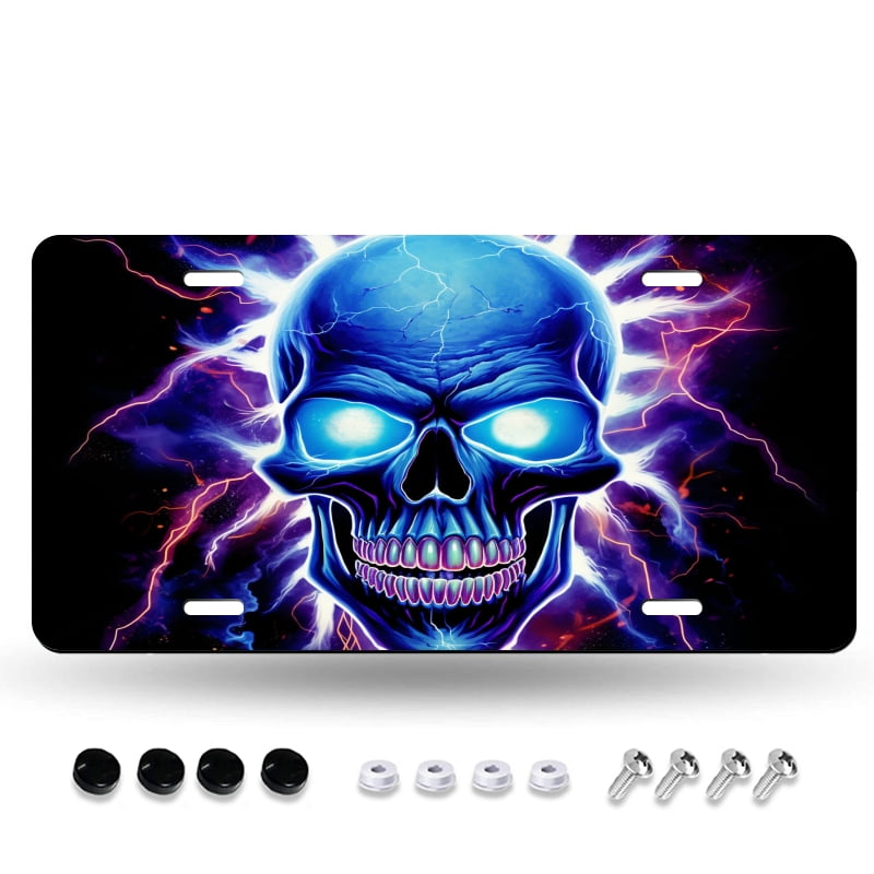 Cartoon-Style Skull with Blue Glowing Eyes Front License Plate ...