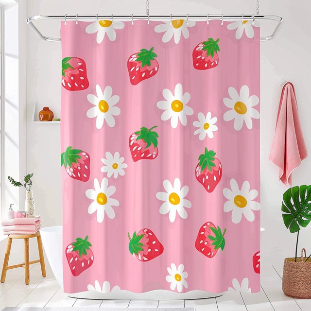 Cartoon Style Strawberry And Daisy Shower Curtain Cute Pink Background Minimalist Design For