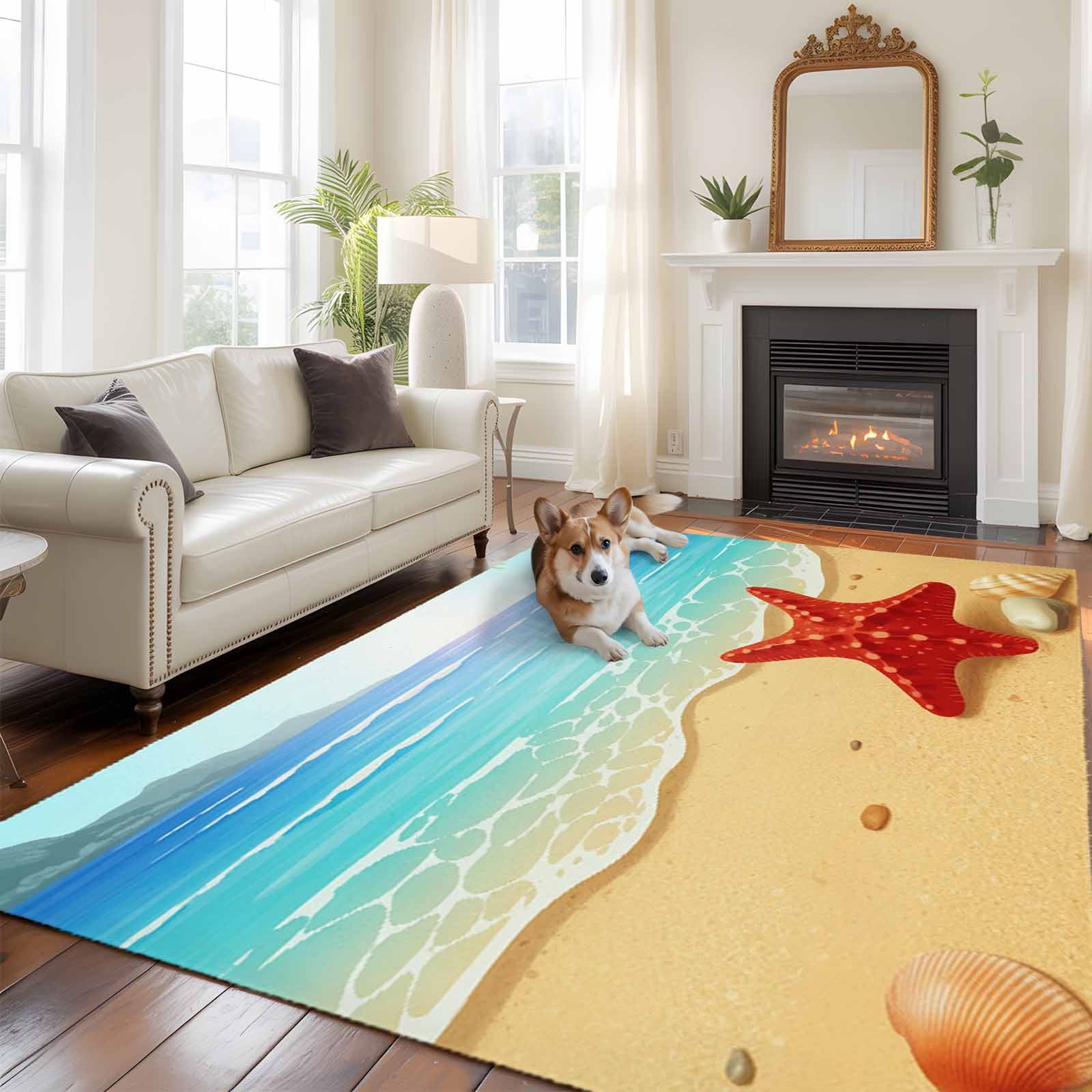 Cartoon Summer Beach Area Rugs 5x7 ft Red Starfish Ocean Wave Palm ...