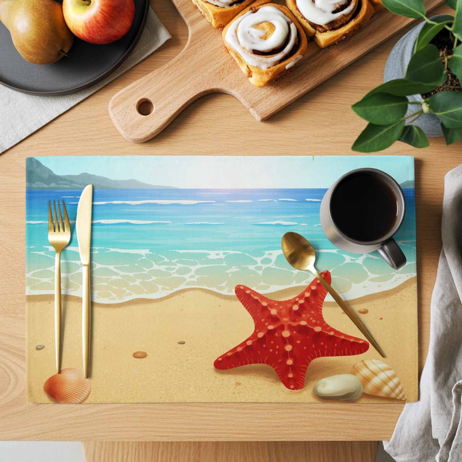 Cartoon Summer Beach Placemats Set of 8, Red Starfish Ocean Wave Palm ...