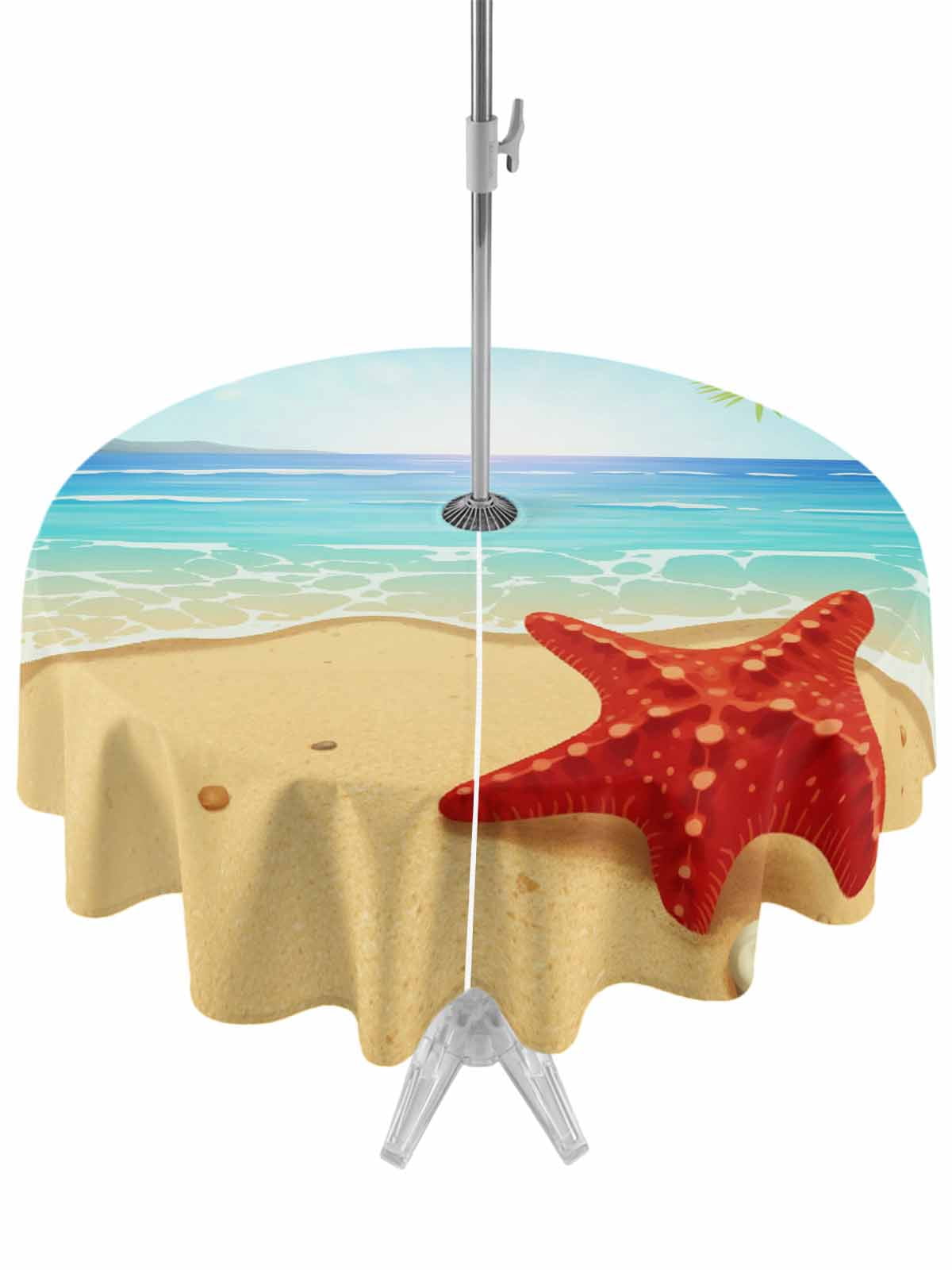 Cartoon Summer Beach Round Outdoor Tablecloth with Umbrella Hole Red ...