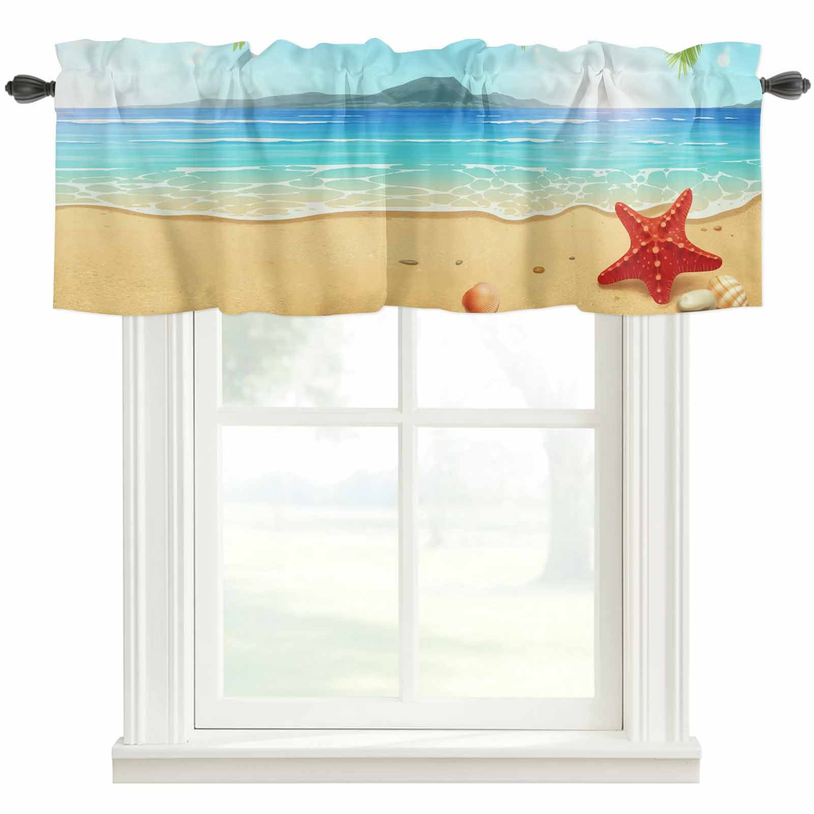 Cartoon Summer Beach Valances for Windows Red Starfish Ocean Wave Palm ...