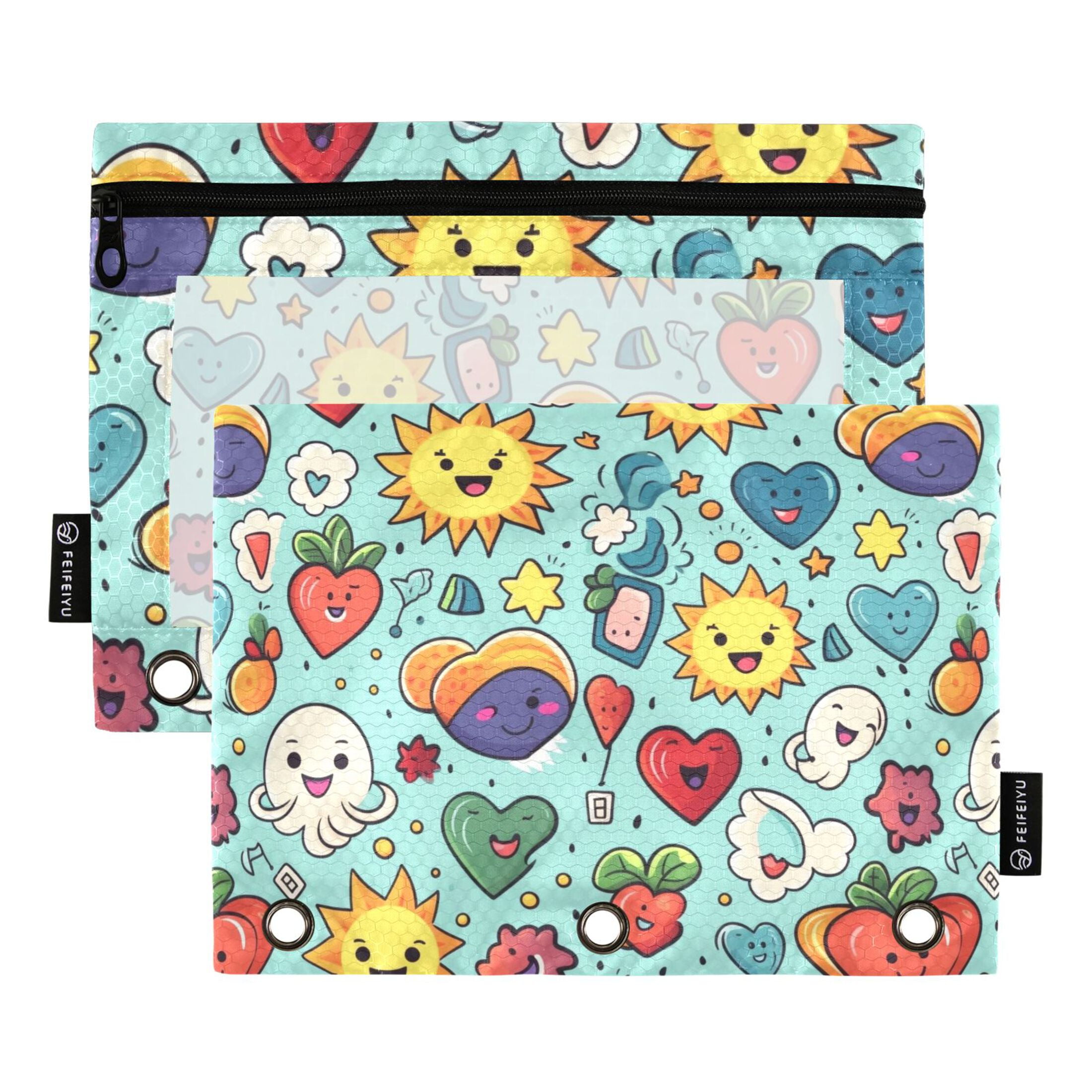 Cartoon Sun Cloud Heart 2 Pack Pencil Pouch for 3 Ring Binder Smooth ...