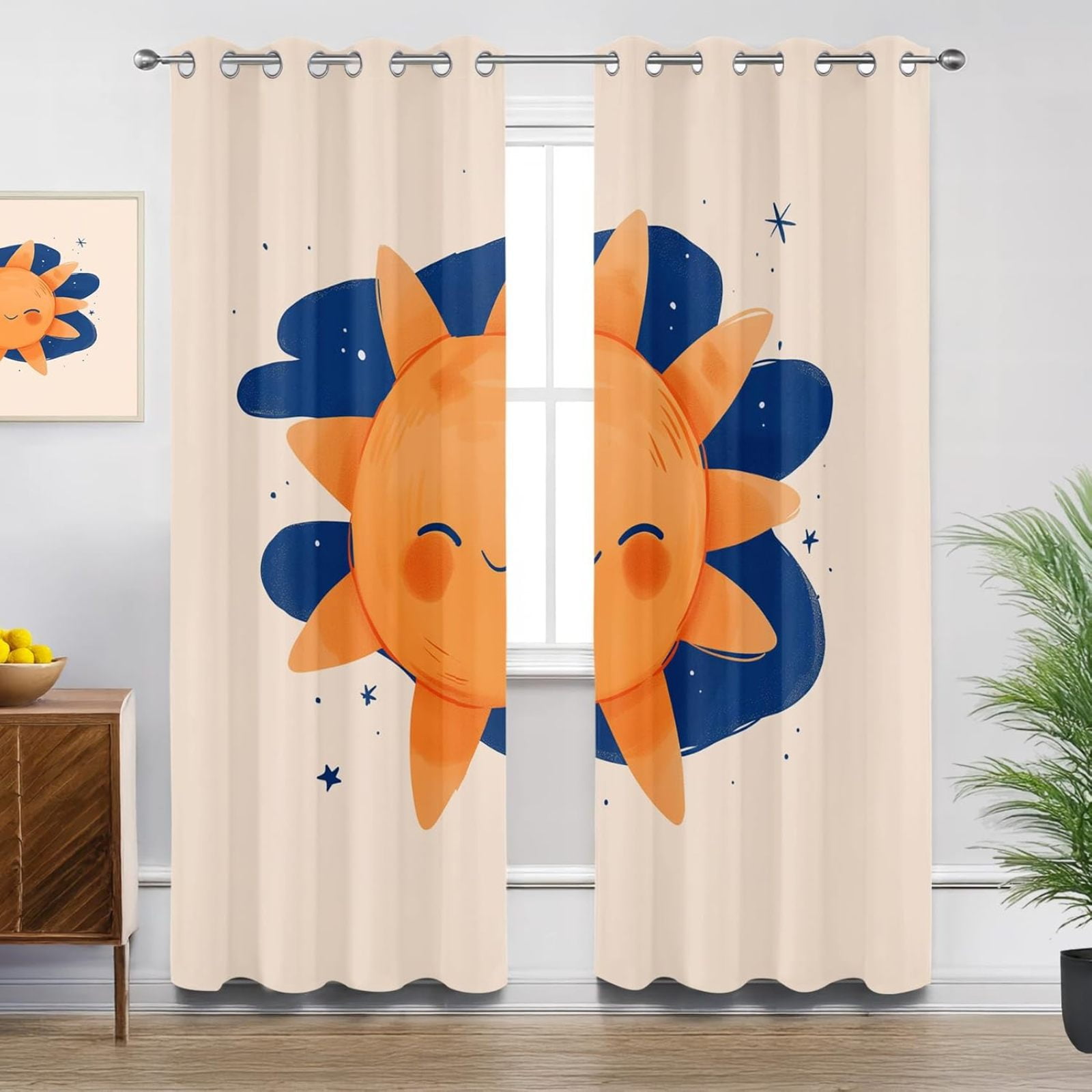 Cartoon Sun Curtains Blackout, Room Darkening Thermal Insulated Grommet ...