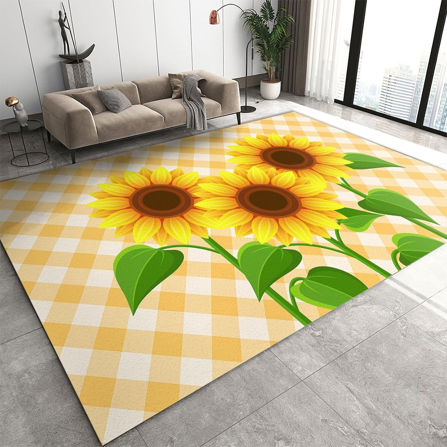 Cartoon Sunflower Flowers Area Carpet, Retro Yellow Plaid Stripes Rugs ...