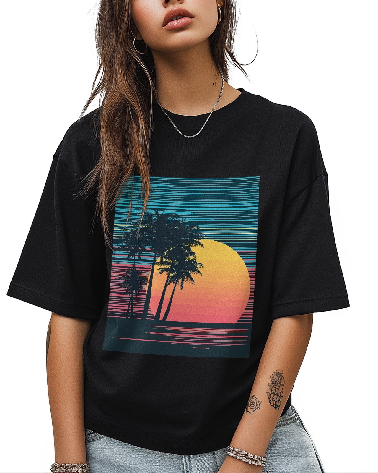 Cartoon Sunset T Shirts for Women Short Sleeve Cotton Crewneck T-Shirt ...