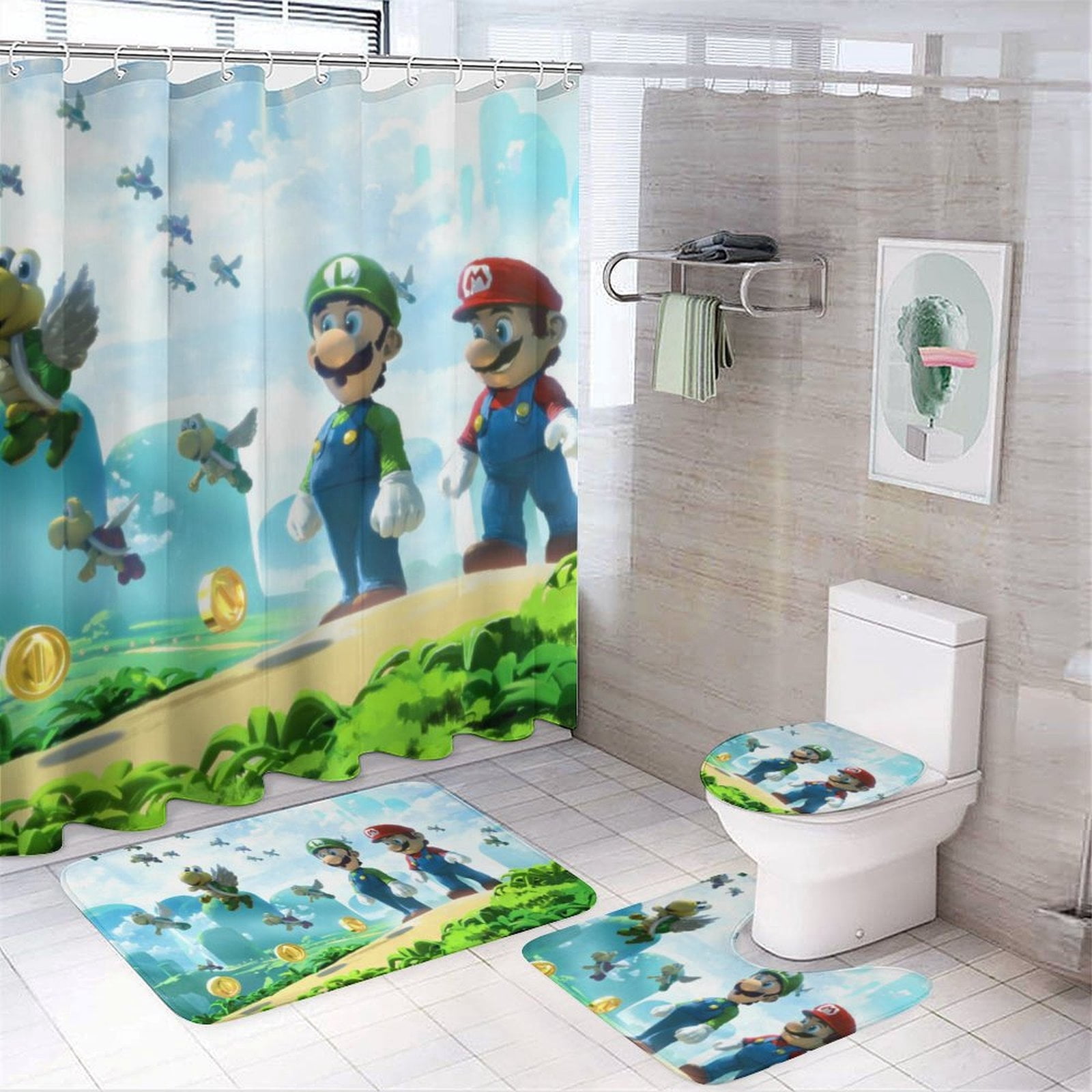 Cartoon Super Mario Luigi 4 Pieces Shower Curtain Set With 12 Hooks ...