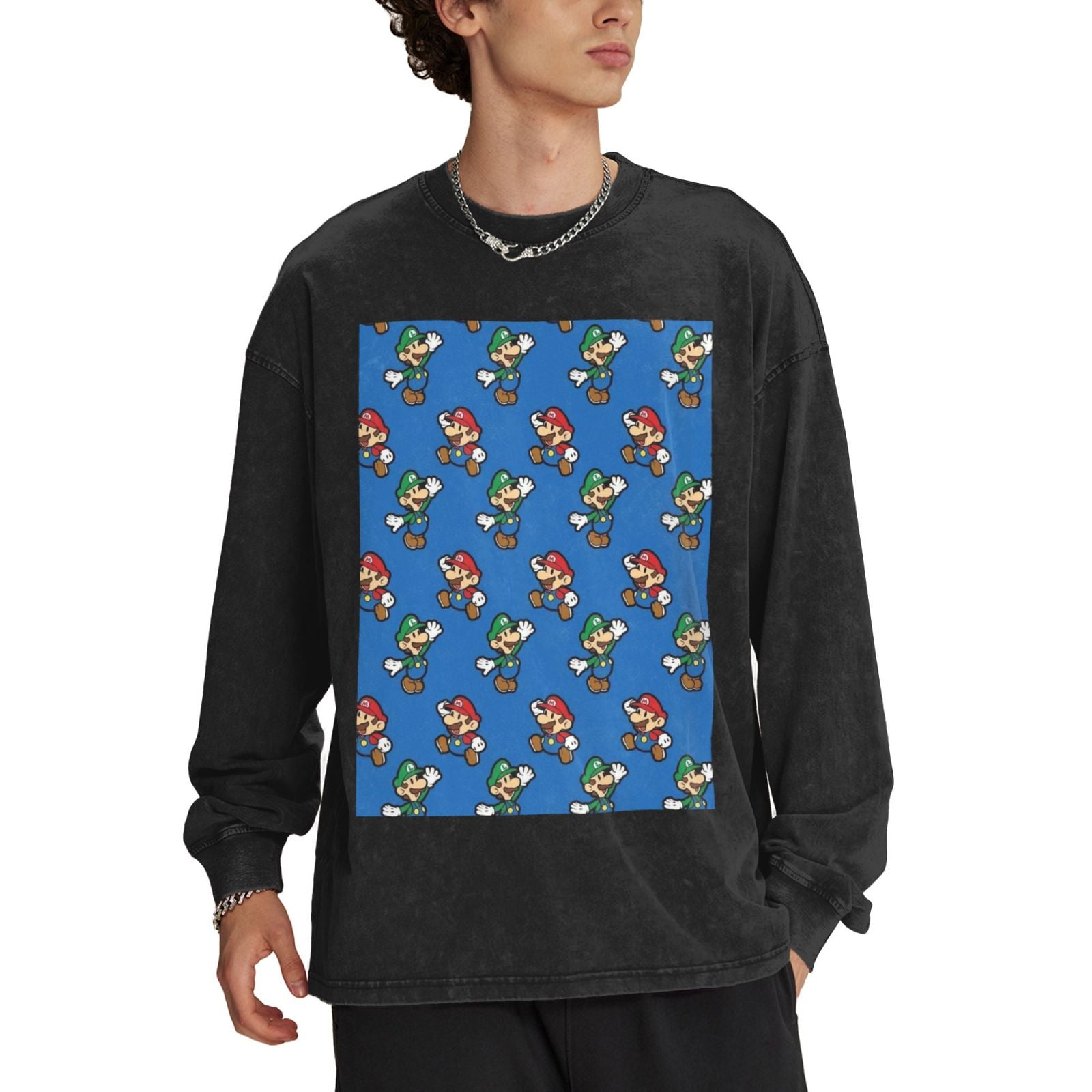 Cartoon Super Mario and Luigi Long Sleeve Shirt Men's Heavy Weight Crew ...