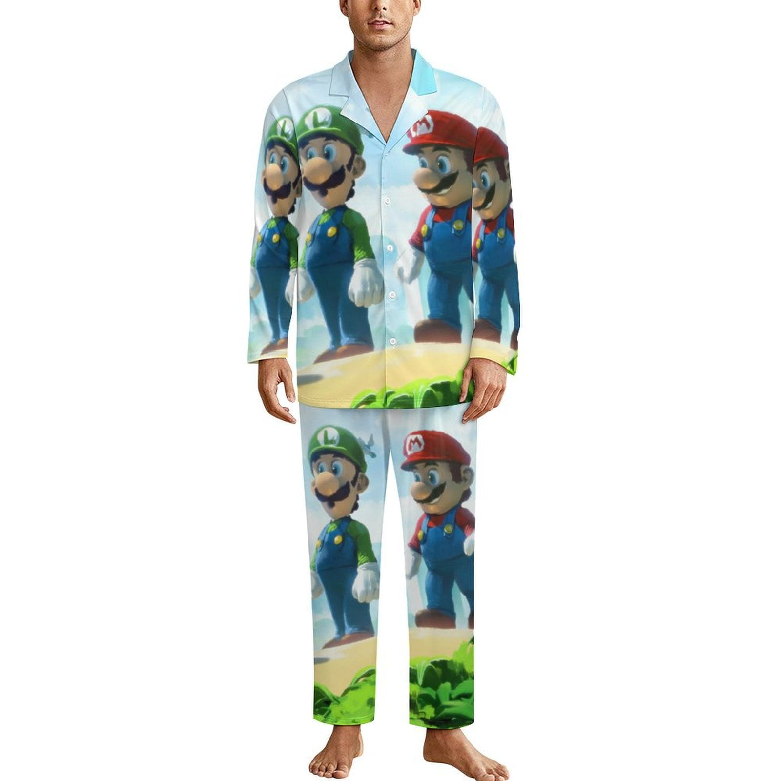 Cartoon Super Mario Luigi Long Sleeved Pajama Set for Men Sleepwear ...