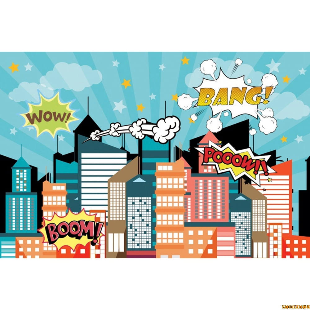 Cartoon Superhero City Building Super Hero Baby Birthday Party Backdrop ...