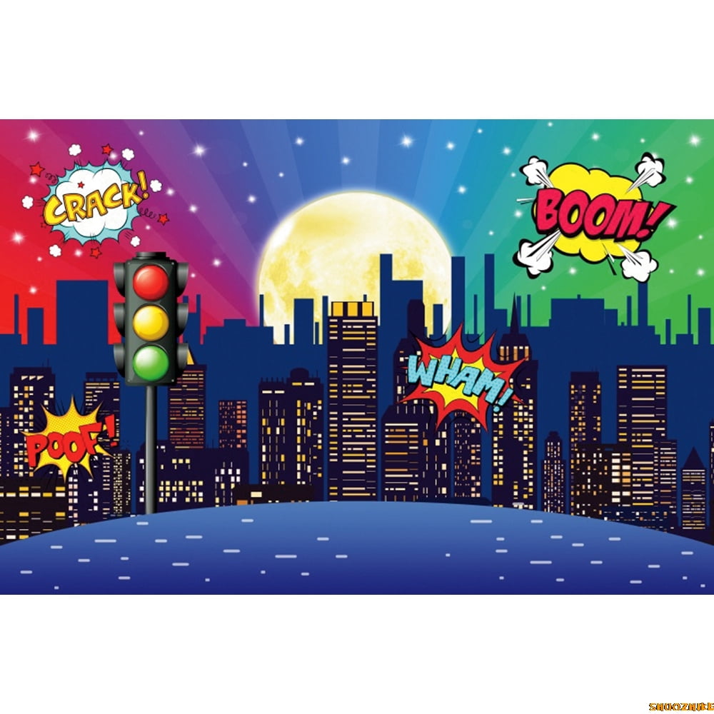 Cartoon Superhero City Building Super Hero Baby Birthday Party Backdrop ...