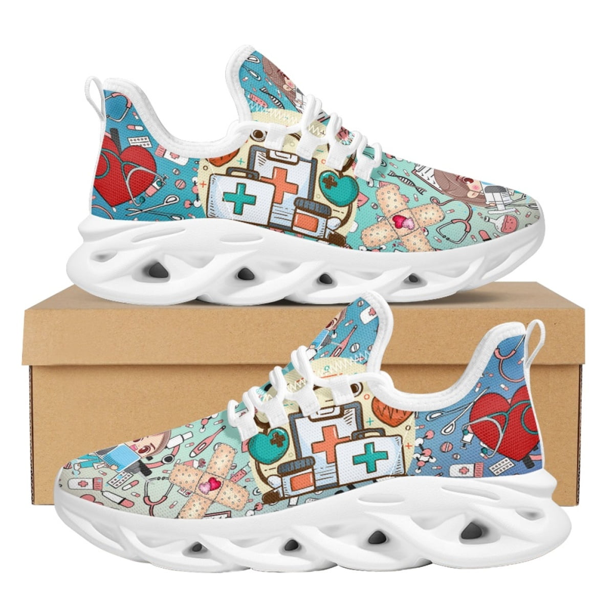 Women's Black Mesh Nurse Sneakers 3 With Blue-White Medical Icons