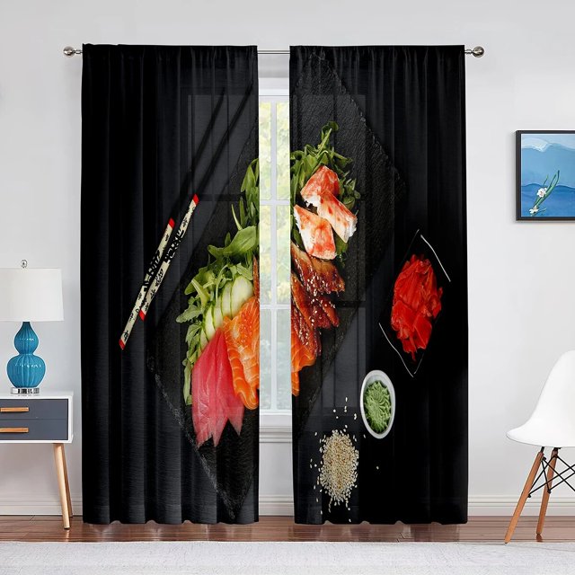 Cartoon Sushi and Rice Funny Food Printed Sheer Kitchen Curtains for ...