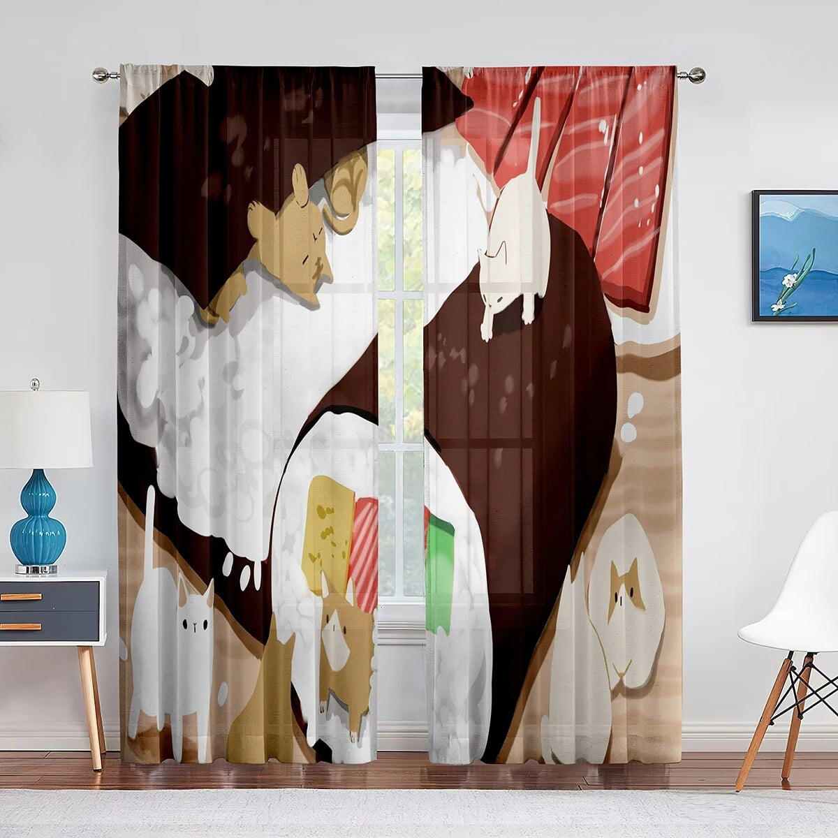 Cartoon Sushi and Rice Funny Food Printed Sheer Kitchen Curtains for ...
