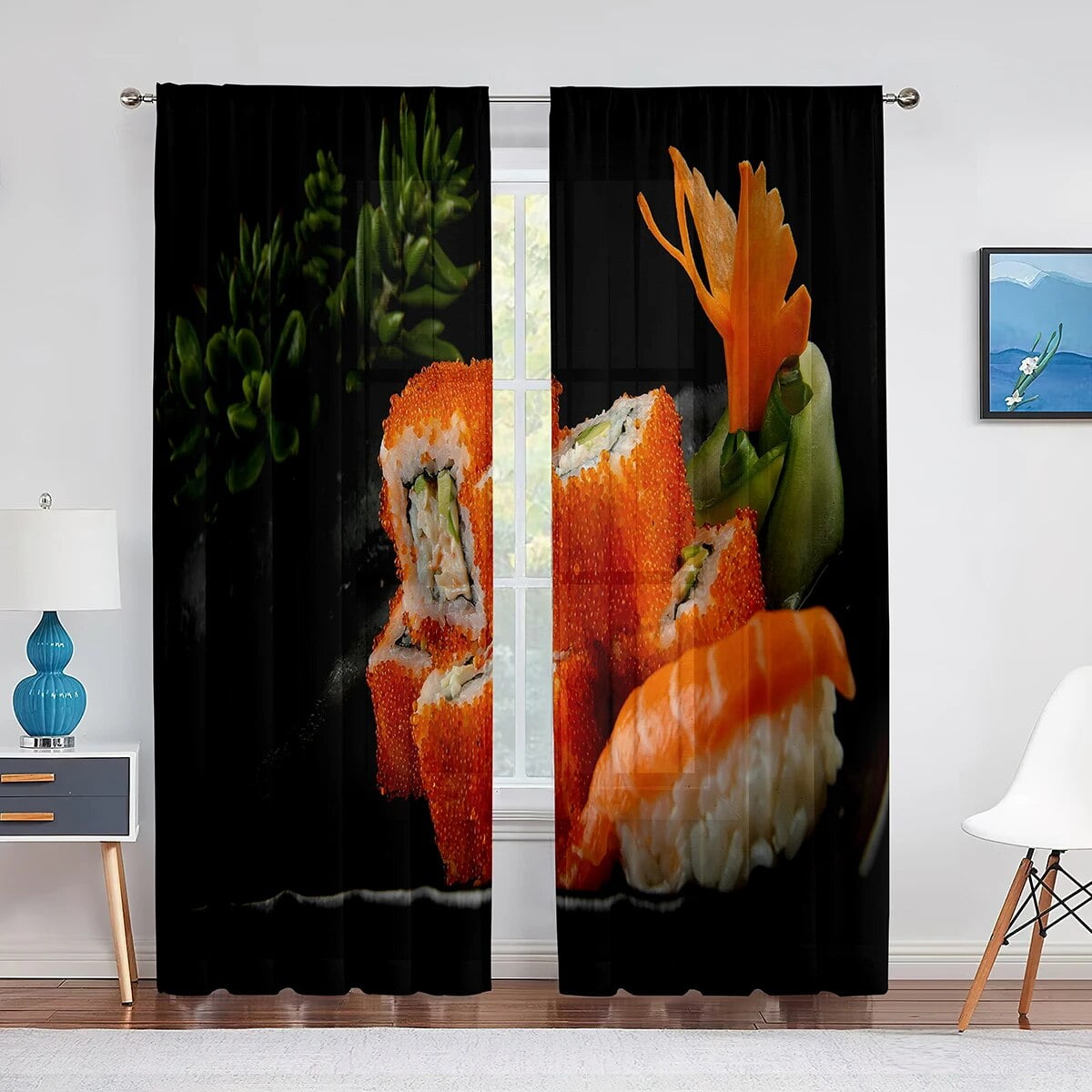 Cartoon Sushi and Rice Funny Food Printed Sheer Kitchen Curtains for ...