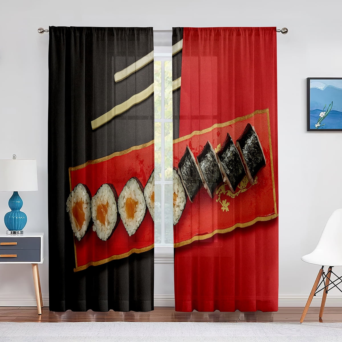 Cartoon Sushi and Rice Funny Food Printed Sheer Kitchen Curtains for ...