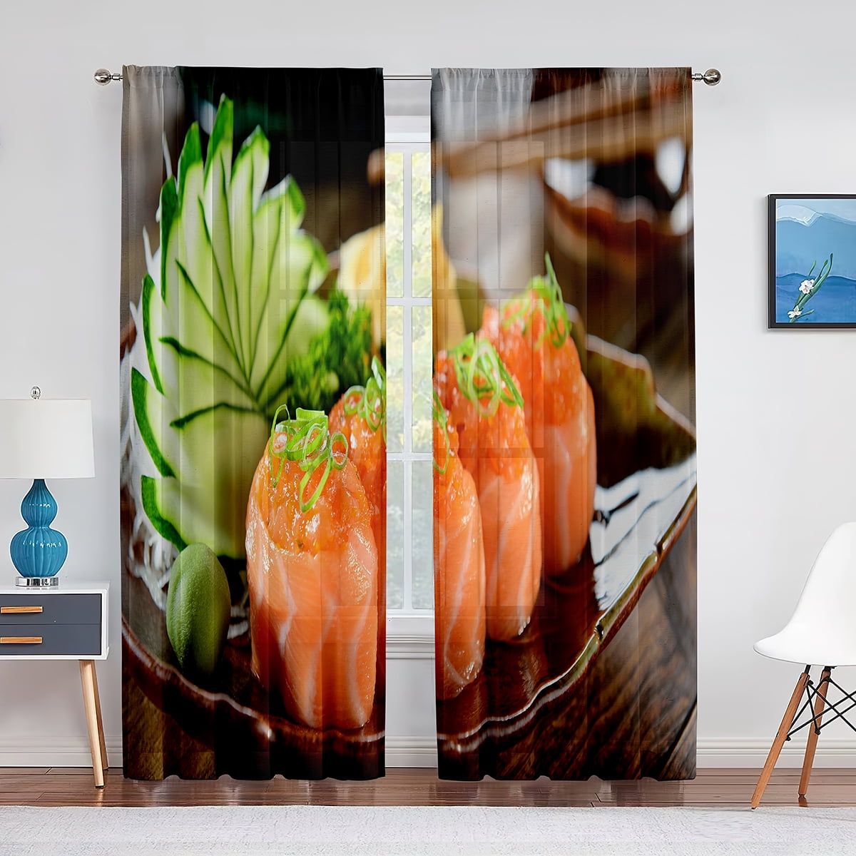 Cartoon Sushi and Rice Funny Food Printed Sheer Kitchen Curtains for ...