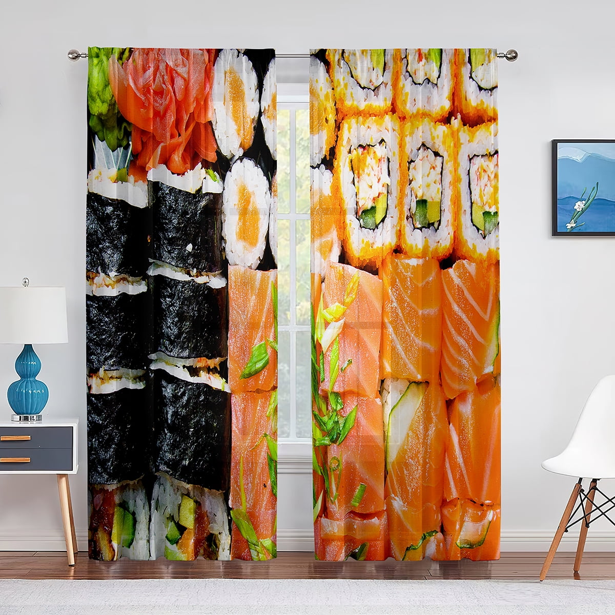 Cartoon Sushi and Rice Funny Food Printed Sheer Kitchen Curtains for ...