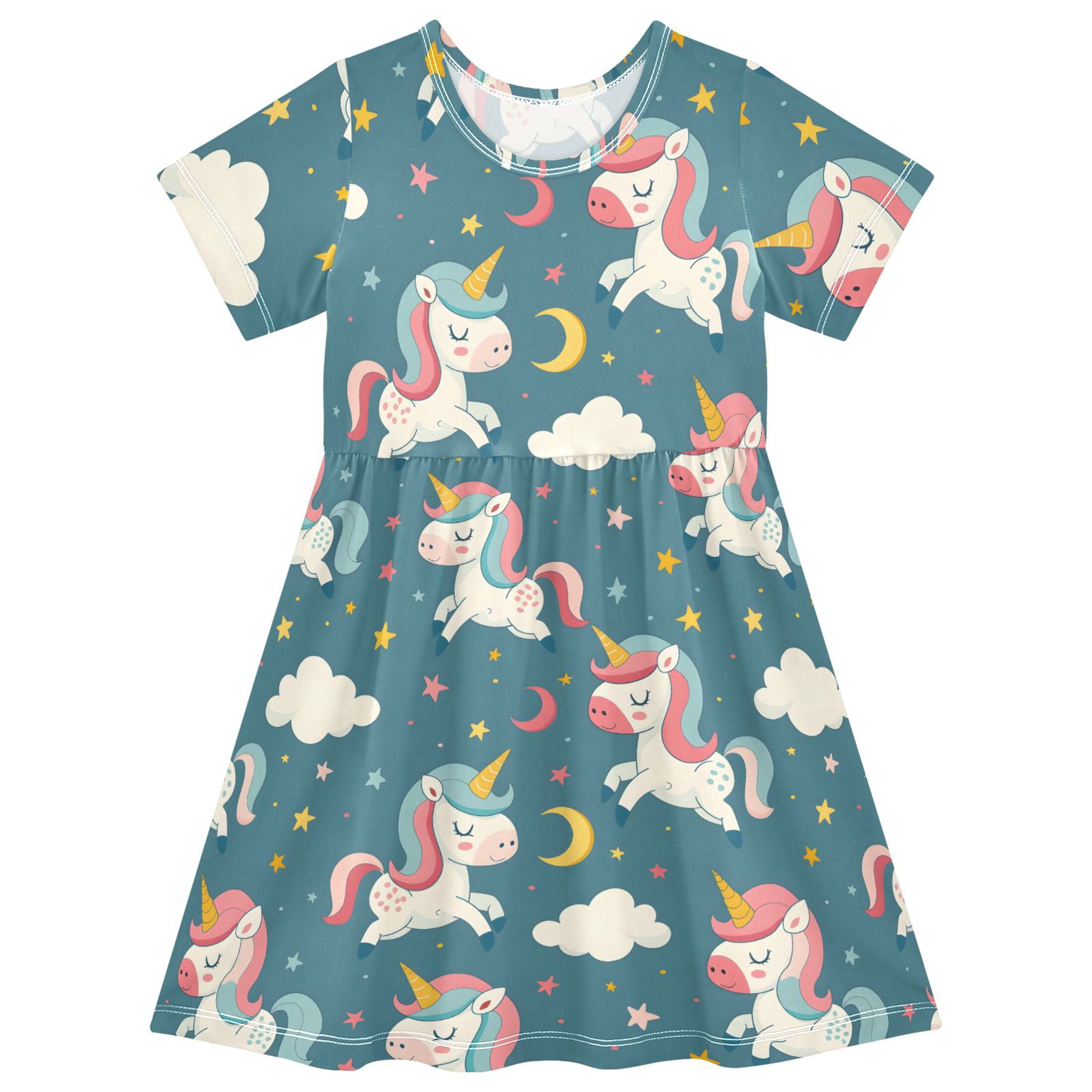 Cartoon Sweet Unicorn Seamless Short Sleeve Dress A-Line Cute Midi ...
