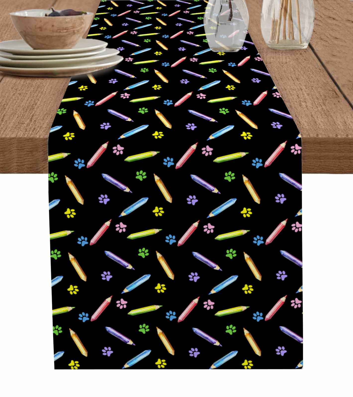 Cartoon Table Runner 72 Inches, Cute Colorful Pencil Paw Print Funny ...