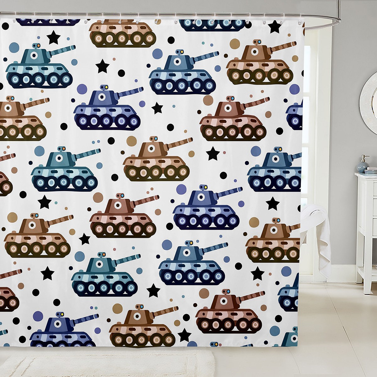 Cartoon Tank Shower Curtain Set Stars Dots Military Tanks Bath Curtain ...