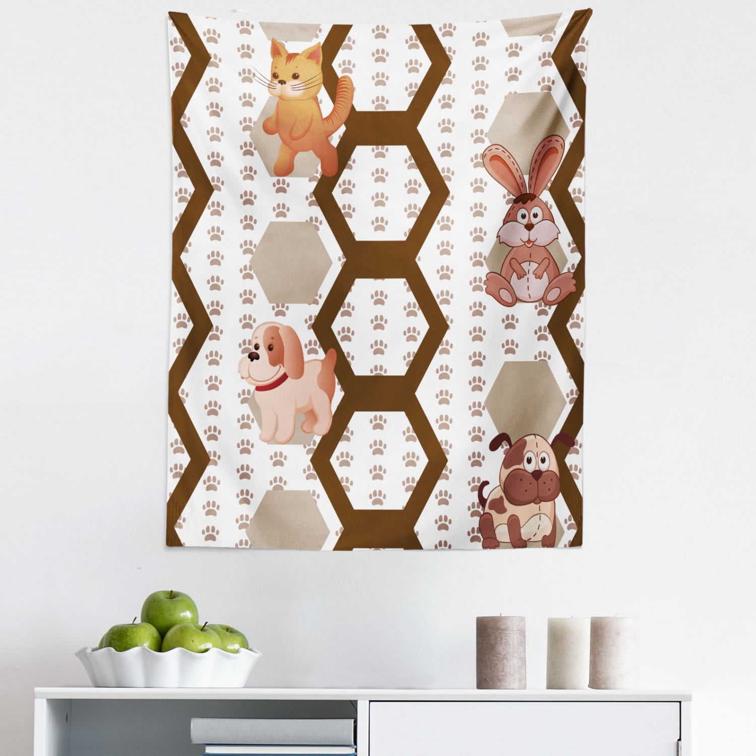 Cartoon Tapestry, Animals Pattern of Cat Dog and Bunny with Paw Prints ...