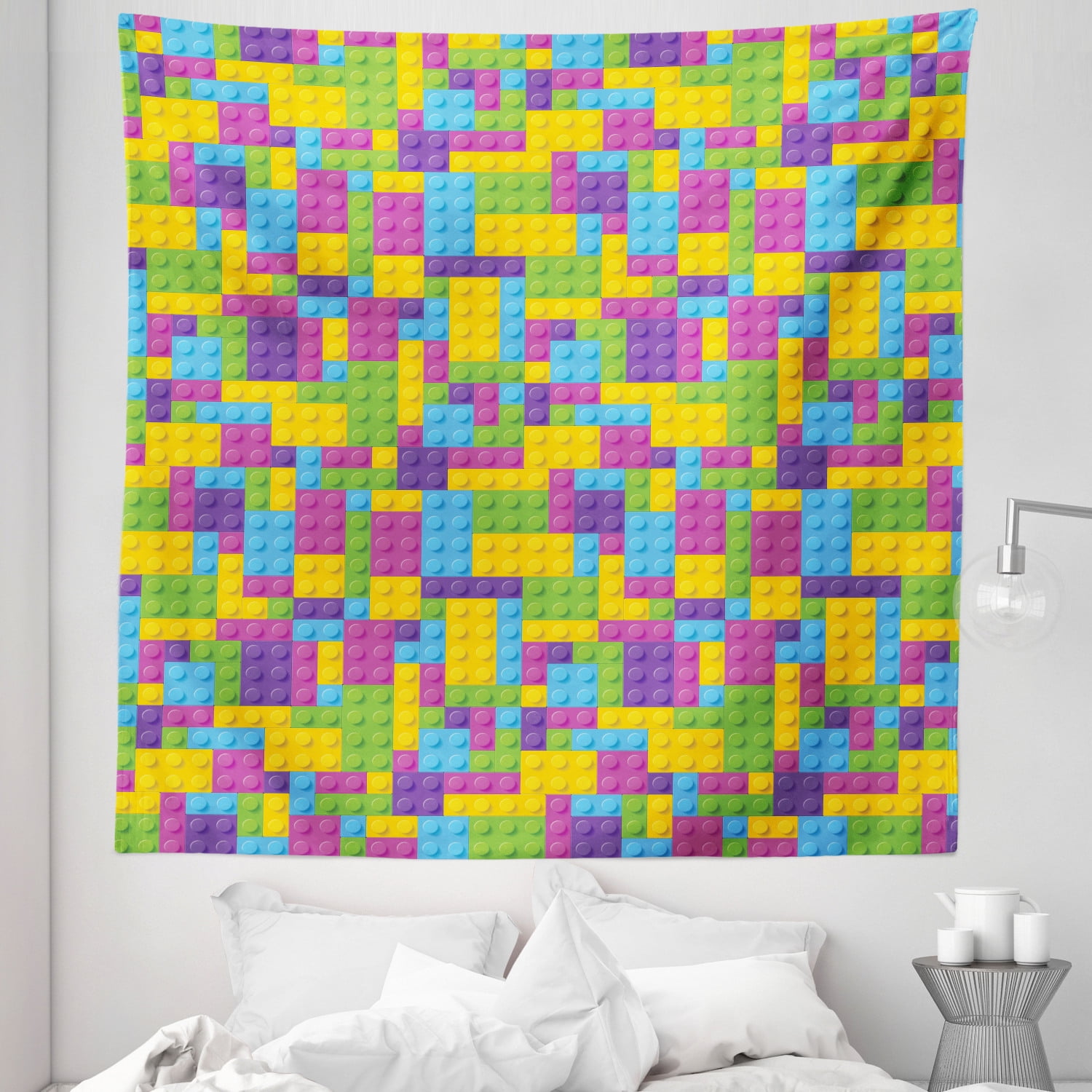 Cartoon Tapestry, Colorful Plastic Construction Blocks Cube Geometric ...