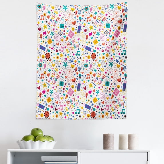 Cartoon Tapestry, Dotted Spirals Stars Hearts Musical Notes Surprise ...