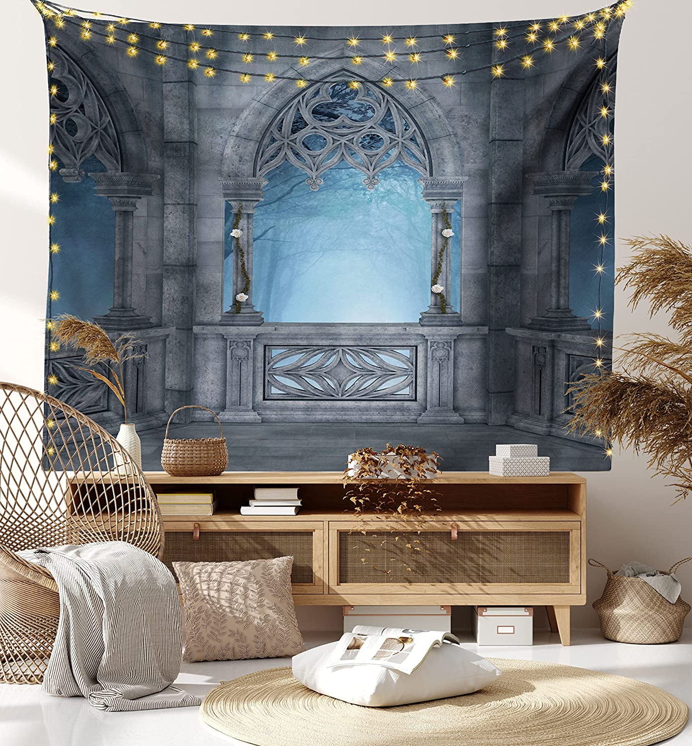 Cartoon Tapestry, Fantasy World Castle Architecture Details Terrace ...