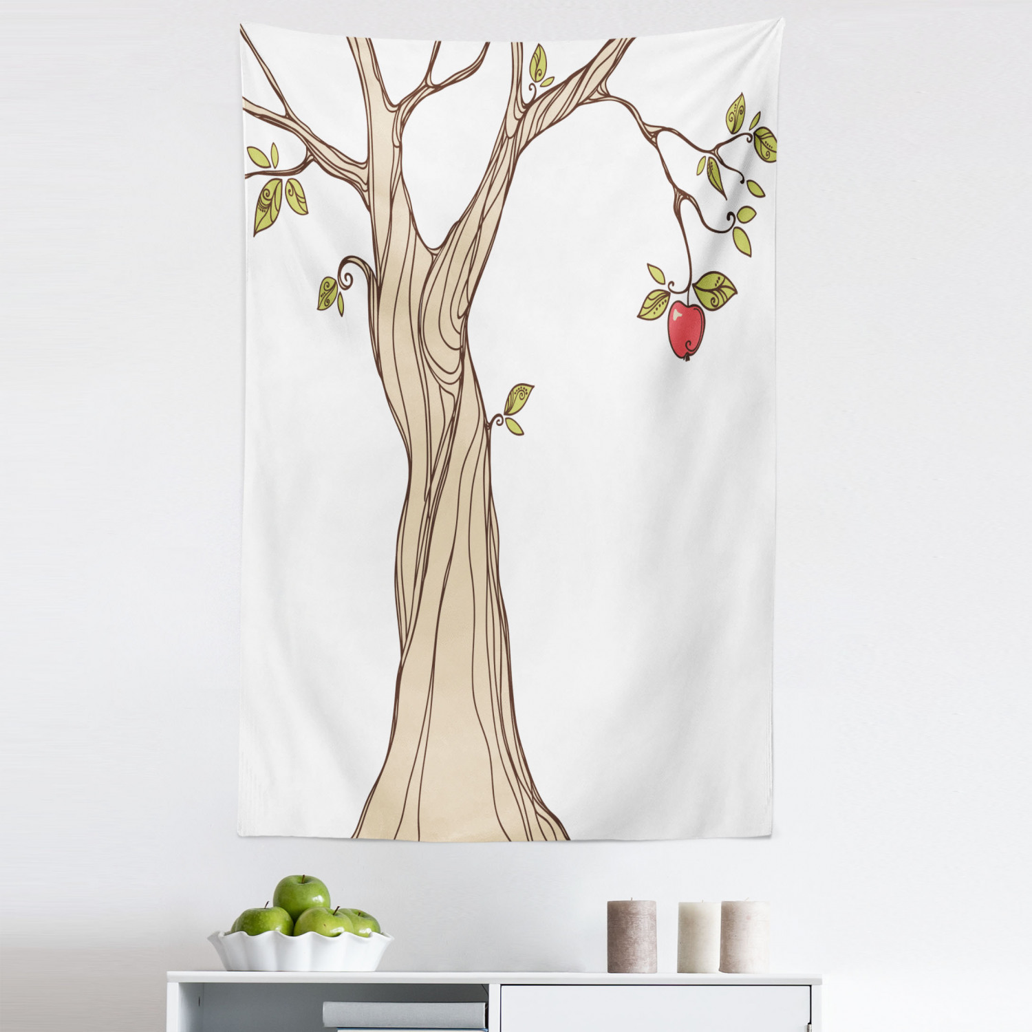 Cartoon Tapestry, Old Tree Drawing with Apples and Leaves Fruit Garden ...