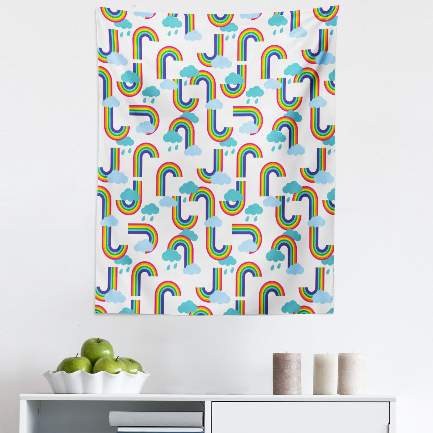 Cartoon Tapestry, Repeating Themed Pattern of Rainbows and Clouds Sky ...