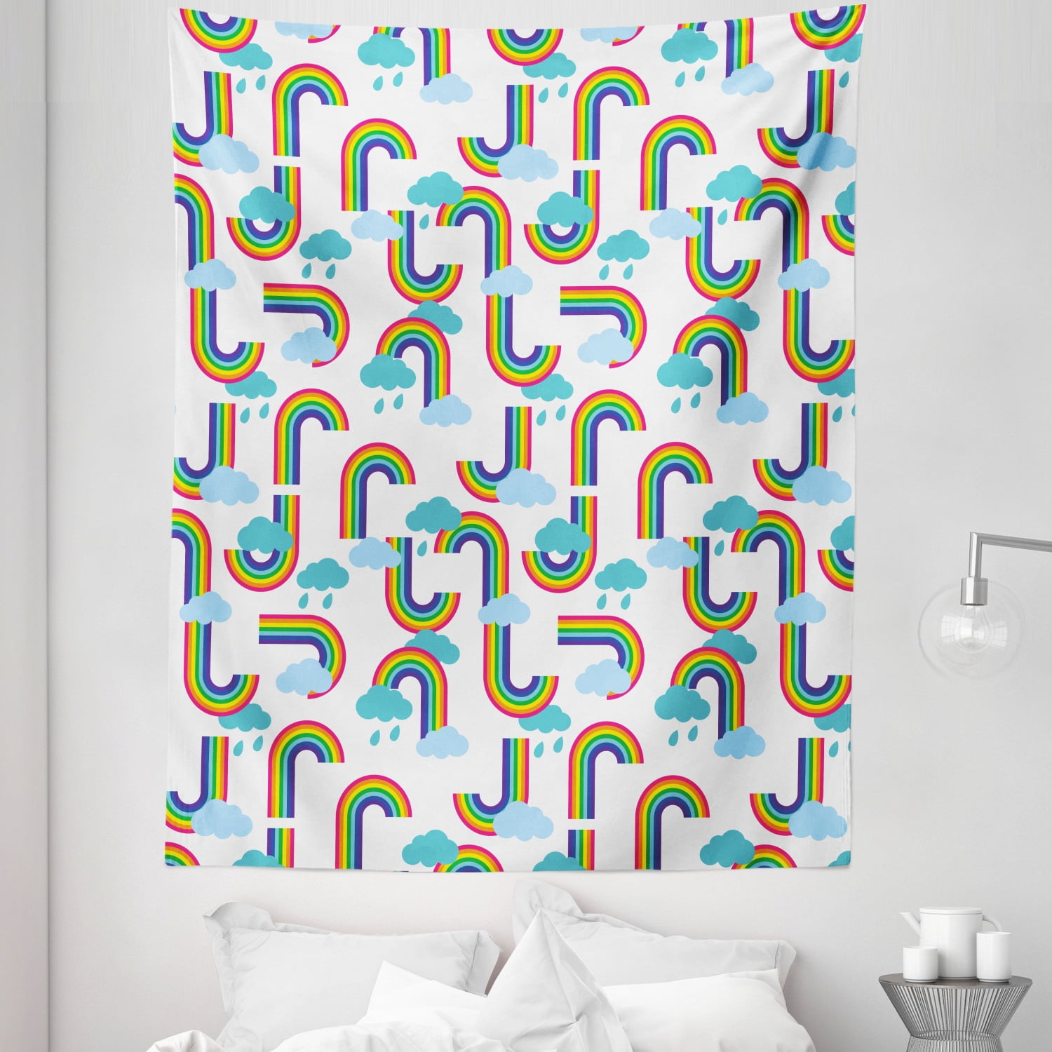 Cartoon Tapestry, Repeating Themed Pattern of Rainbows and Clouds Sky ...