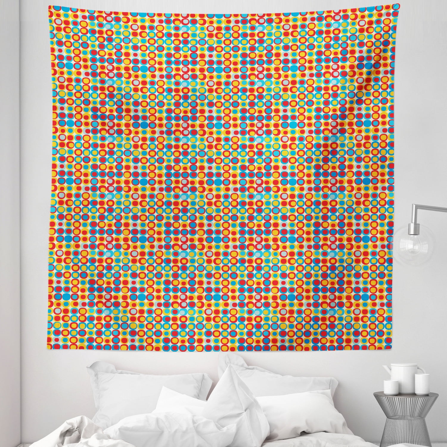 Cartoon Tapestry, Retro Style Circles with Grid Mosaic Pattern Colorful ...